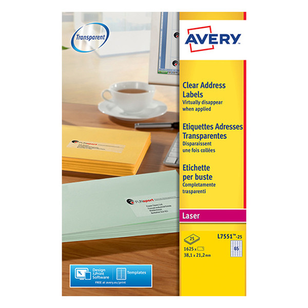 Avery L7551-25 transparent labels, 38.1mm x 21.2mm (1625 labels) Avery ...