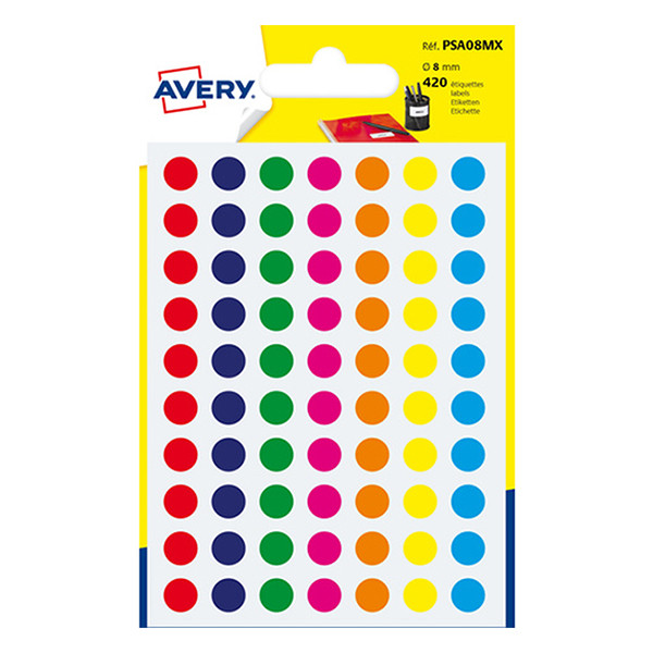 Avery PSA08MX coloured marking dots, 8mm (420 labels) Avery 123ink.ie
